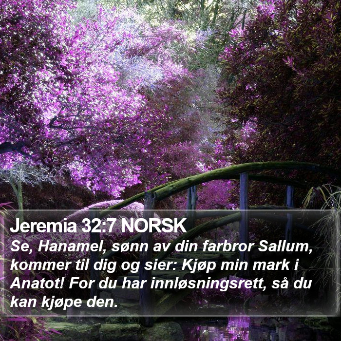 Jeremia 32:7 NORSK - Se, Hanamel, sønn av din farbror Sallum, kommer