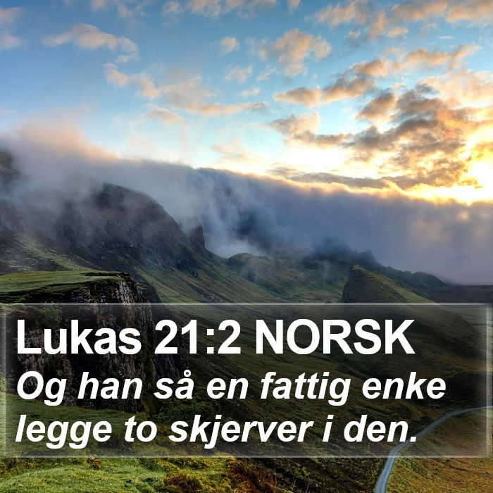Lukas 21:2 NORSK - Og han så en fattig enke legge to skjerver i