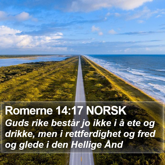 Romerne 14:17 NORSK - Guds rike består jo ikke i å ete og drikke, men